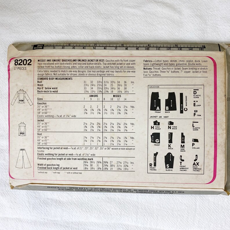 Vintage Ca. 1977 Simplicity 8202 Gaucho & Unlined Jacket or Vest Sewing ...