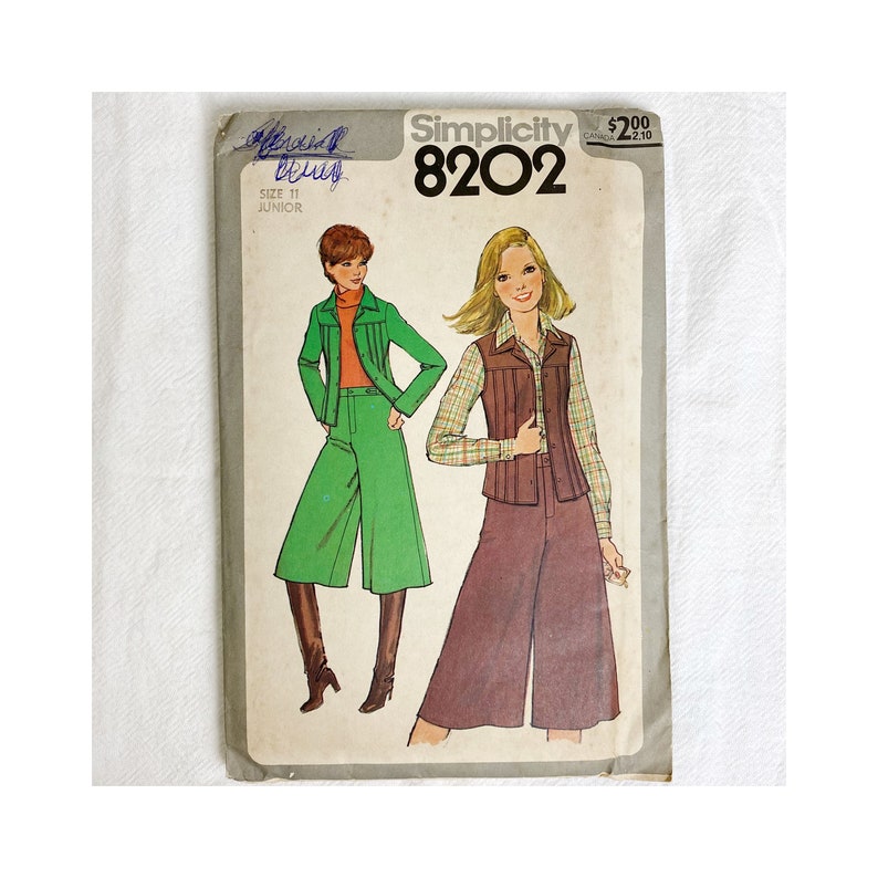Vintage Ca. 1977 Simplicity 8202 Gaucho & Unlined Jacket or Vest Sewing ...