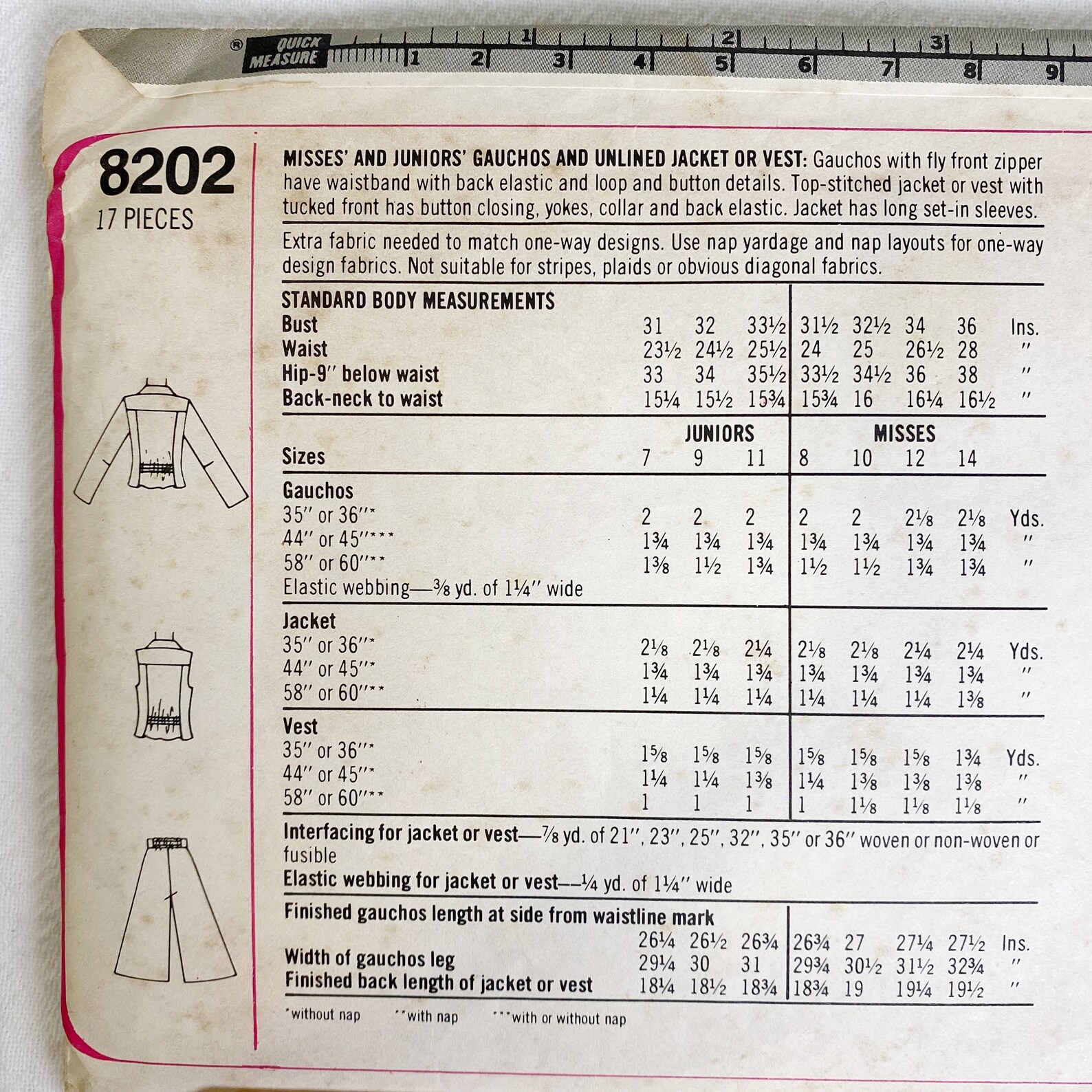 Vintage Ca. 1977 Simplicity 8202 Gaucho & Unlined Jacket or Vest Sewing ...