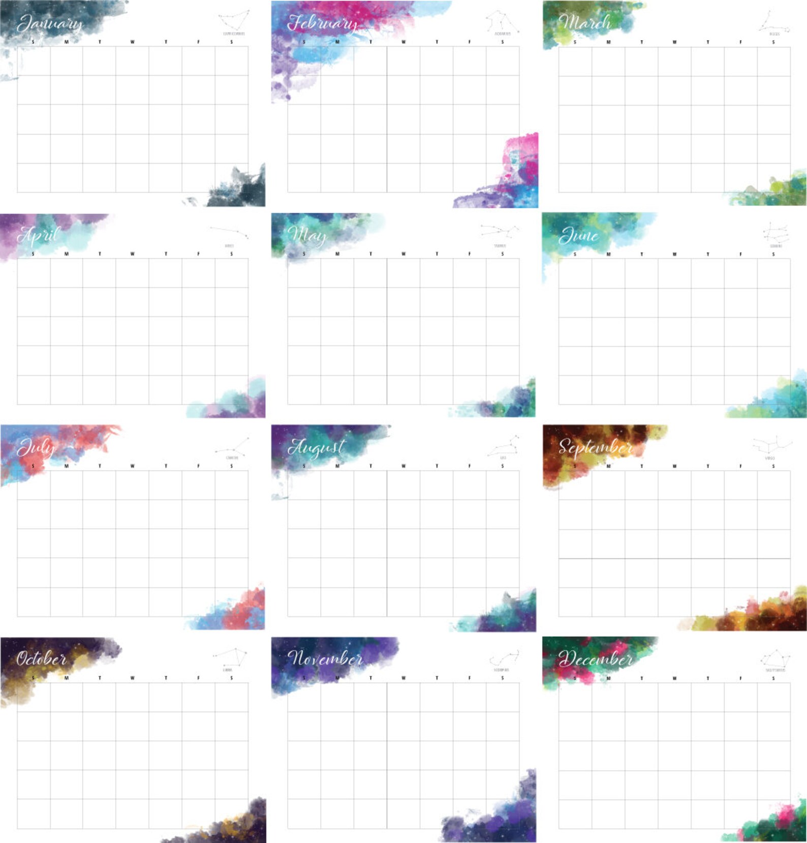 Editable Calendar Galaxy Art Zodiac Calendar No Dates - Etsy