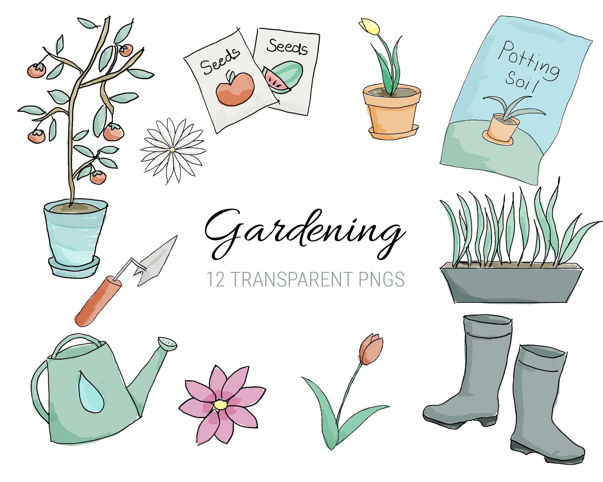 Clip Art Gardening | 12 Garden Clip Art Pngs | Digital Download - Etsy