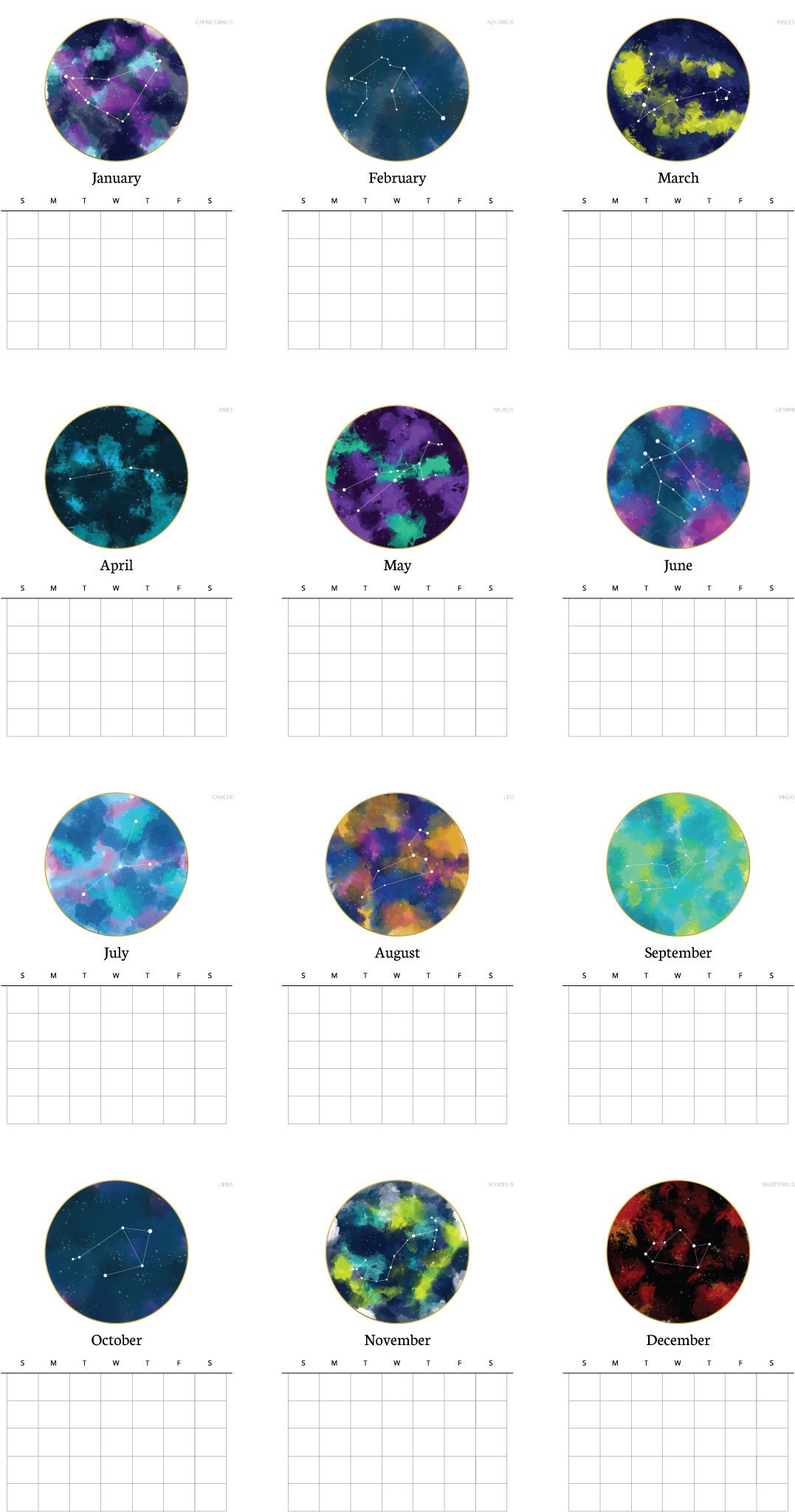 Editable Calendar Horoscope Art Zodiac Calendar No Dates Printable ...