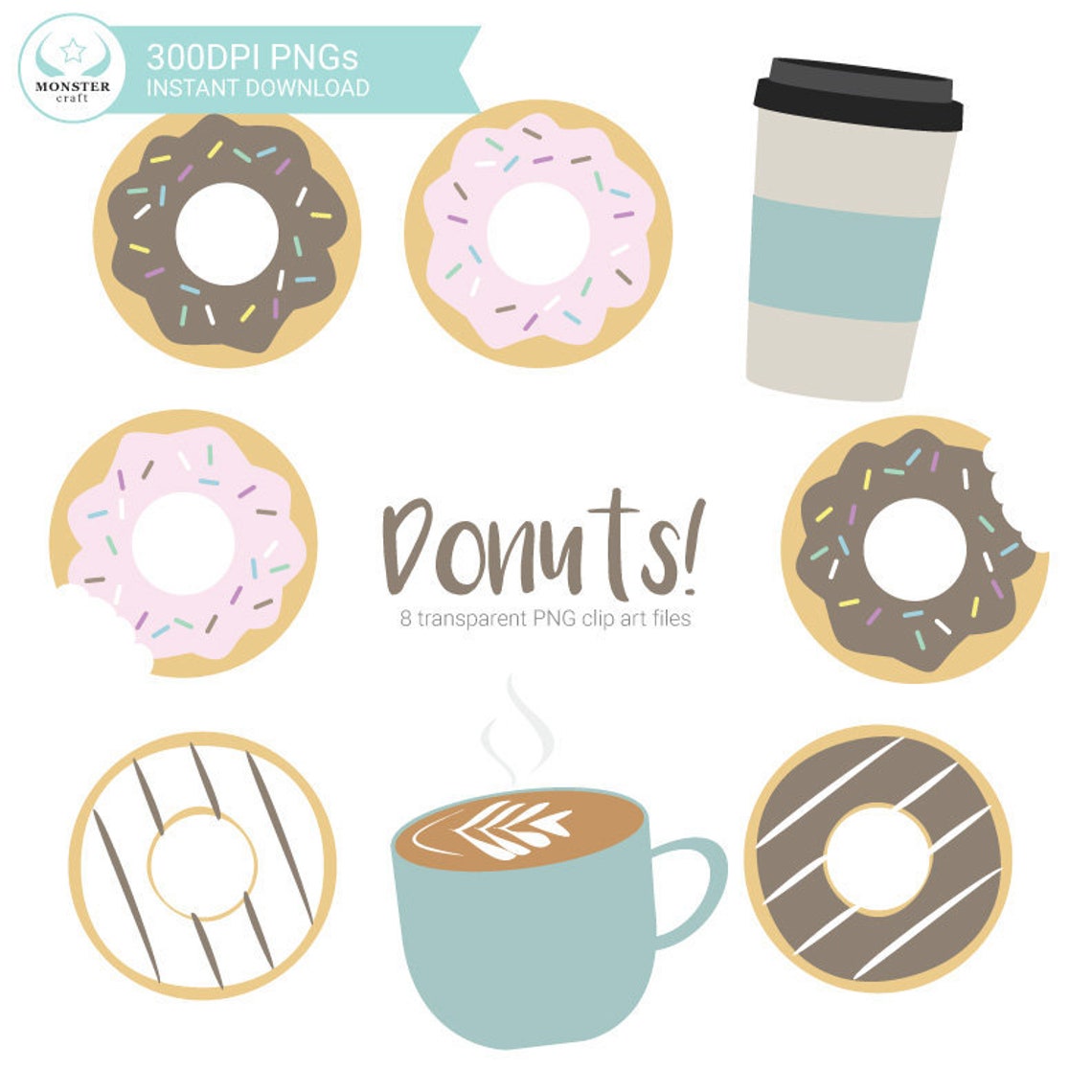 Clip Art Donuts & Coffee | 9 Breakfast Art Pngs | Digital Download - Etsy