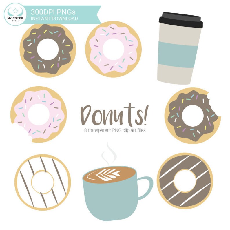 Clip Art Donuts & Coffee | 9 Breakfast Art Pngs | Digital Download - Etsy