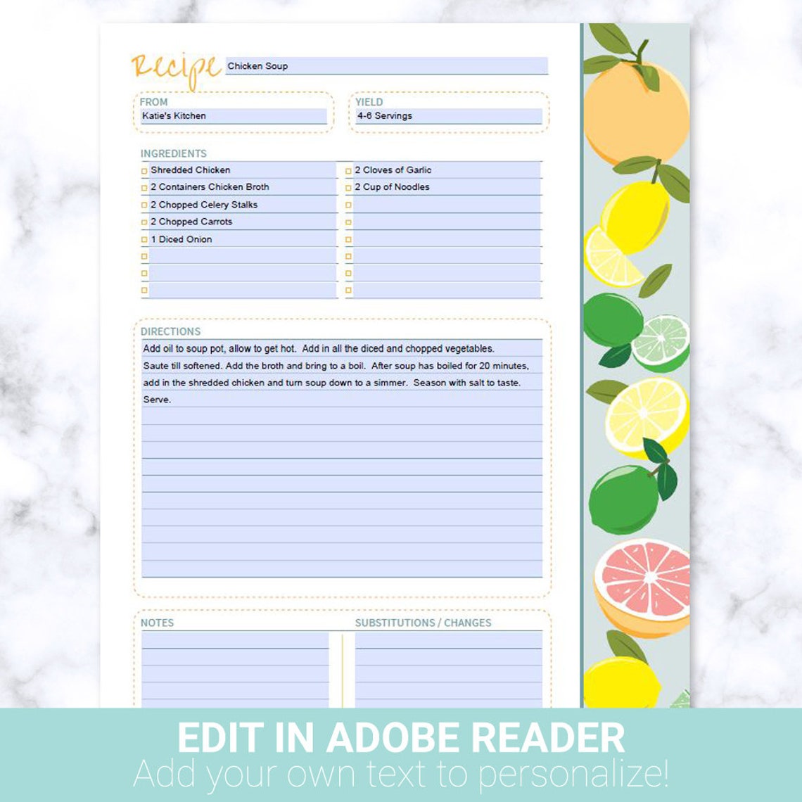 Printable Citrus Themed Recipe Insert Page Editable Text Recipe Binder ...