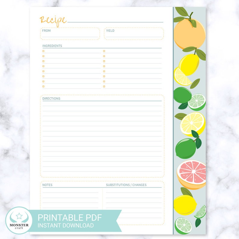 Printable Citrus Themed Recipe Insert Page Editable Text Recipe Binder ...