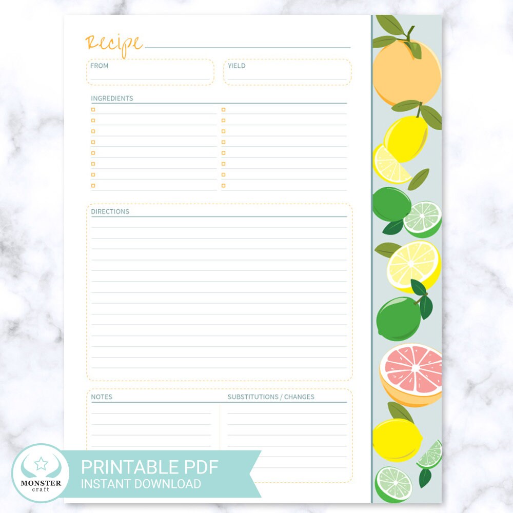Printable Citrus Themed Recipe Insert Page Editable Text Recipe Binder ...