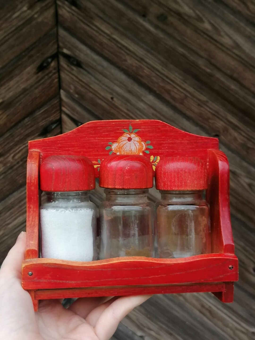 Japanese Vintage Red Wooden Spice Rack Wtih Glass Spice Jars, Retro ...