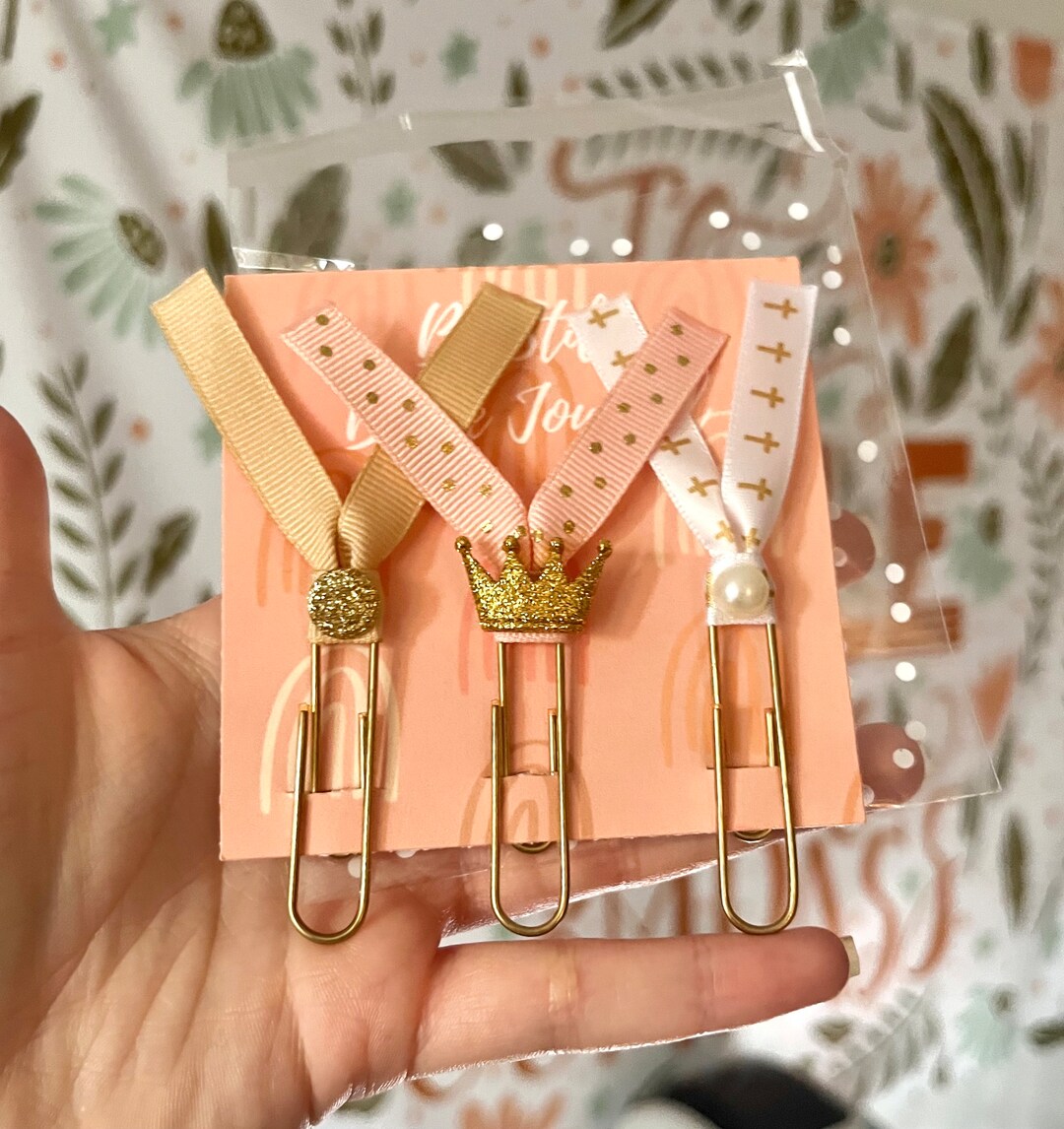 Pink and Gold Crown Bookmark Set Ribbon Bookmark Set Paper Clip ...