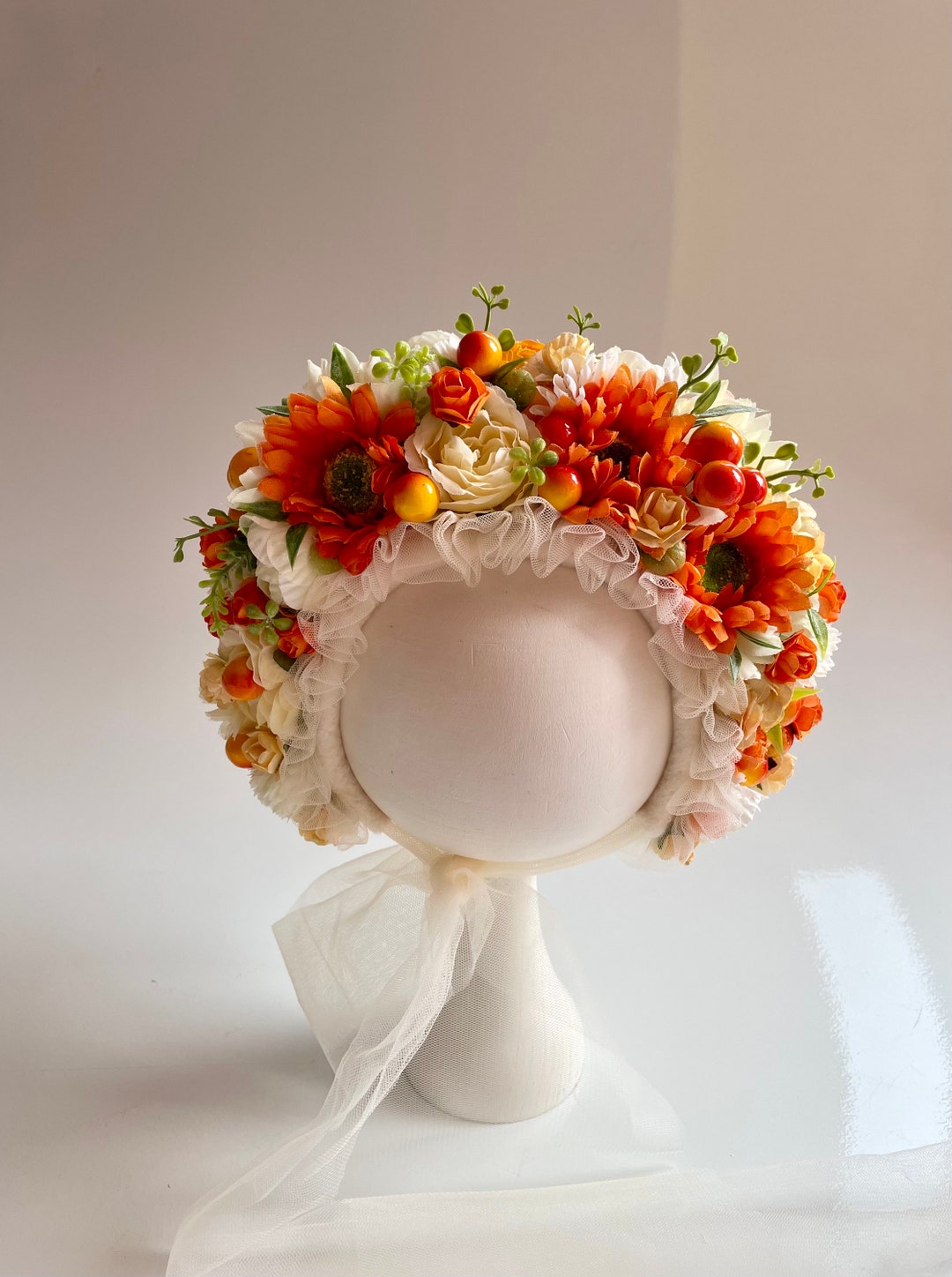 Newborn Baby Bonnet, Autumn Fall Baby Headgear, Orange Beige White Baby ...