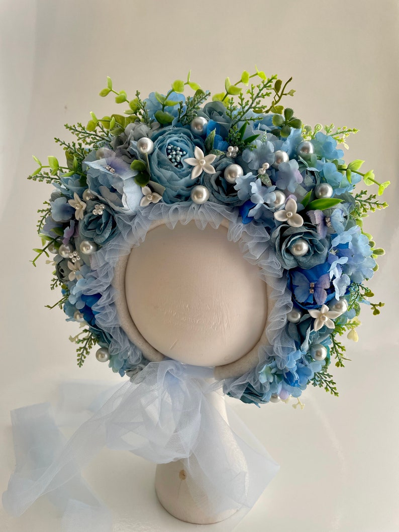 Floral Bonnet, Baby Floral Bonnet, Blue Sitter Bonnet , 1 Year Bonnet ...