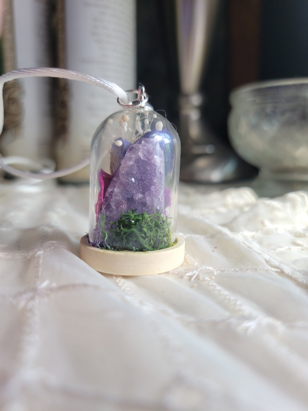 Cottagecore Moss Terrarium Necklace on Silk Cord, Amethyst Cathedral ...