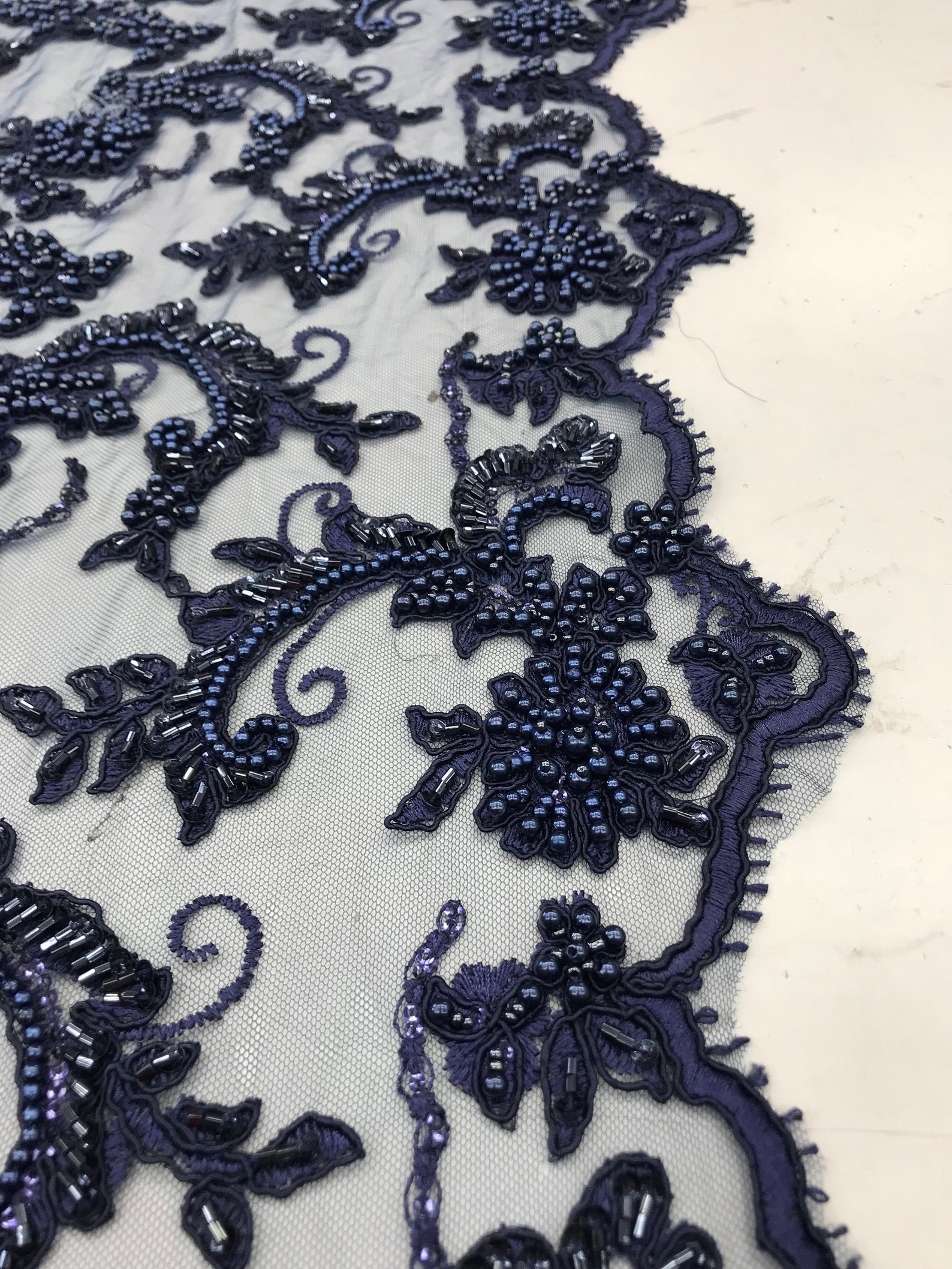 Navy Blue Design Beaded Mesh Lace Fabric Bridal Wedding Sold - Etsy