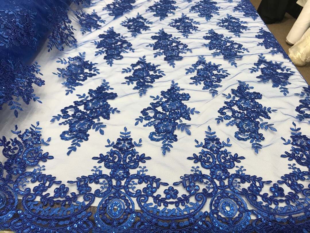 Royal Blue Modern Flower Design Embroider on a Mesh With Sequins and ...