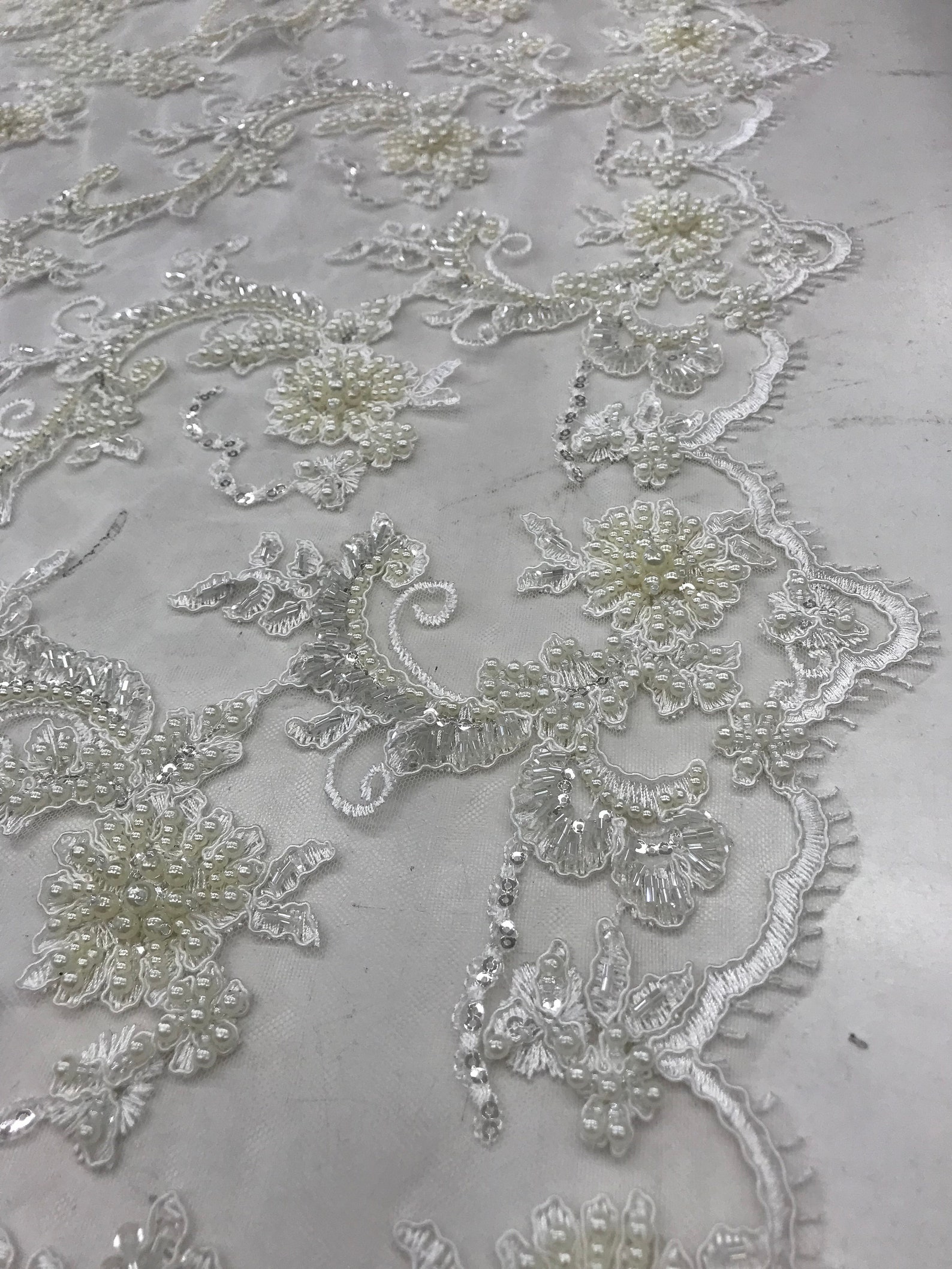White Design Beaded Mesh Lace Fabric Bridal Wedding Sold by | Etsy