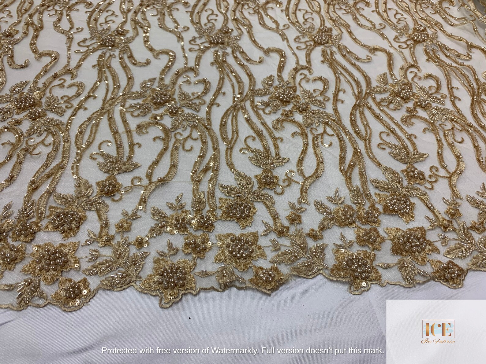 Icefabric_ Light Gold Fabric by the Yard_ Flowers Heavily - Etsy