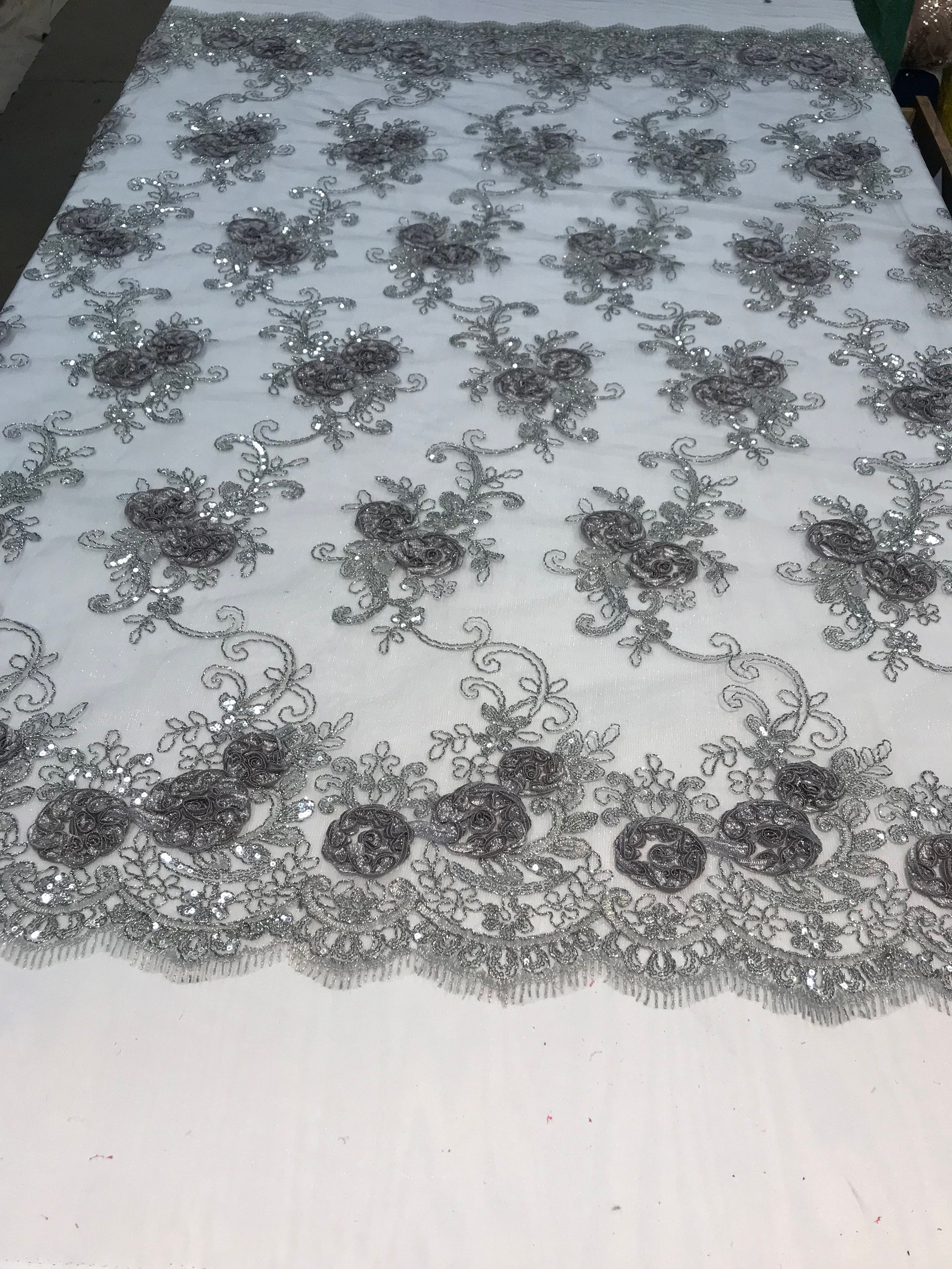 Silver/gray Embroidered Mesh Lace Flower Design With Sequins by the ...