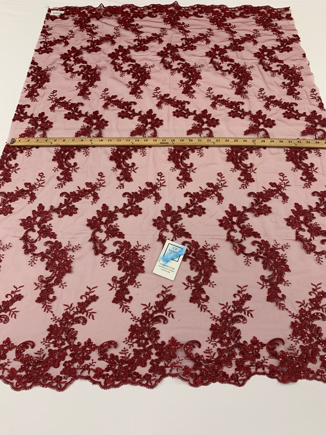 Veil Gowns Fabric Sold by the Yard//burgundy// French Mesh Lace Sequins ...