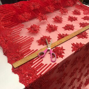 Red Design Beaded Mesh Lace Fabric Bridal Wedding Sold by Yard Clothing ...
