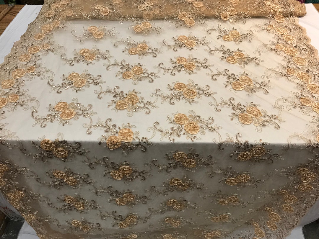 Champagne Embroidered Mesh Lace Flower Design With Sequins by the Yard ...