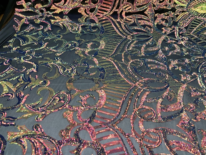 LUXURY Iridescent Embroidered 4 Way Stretch Sequins ON A Black Mesh ...