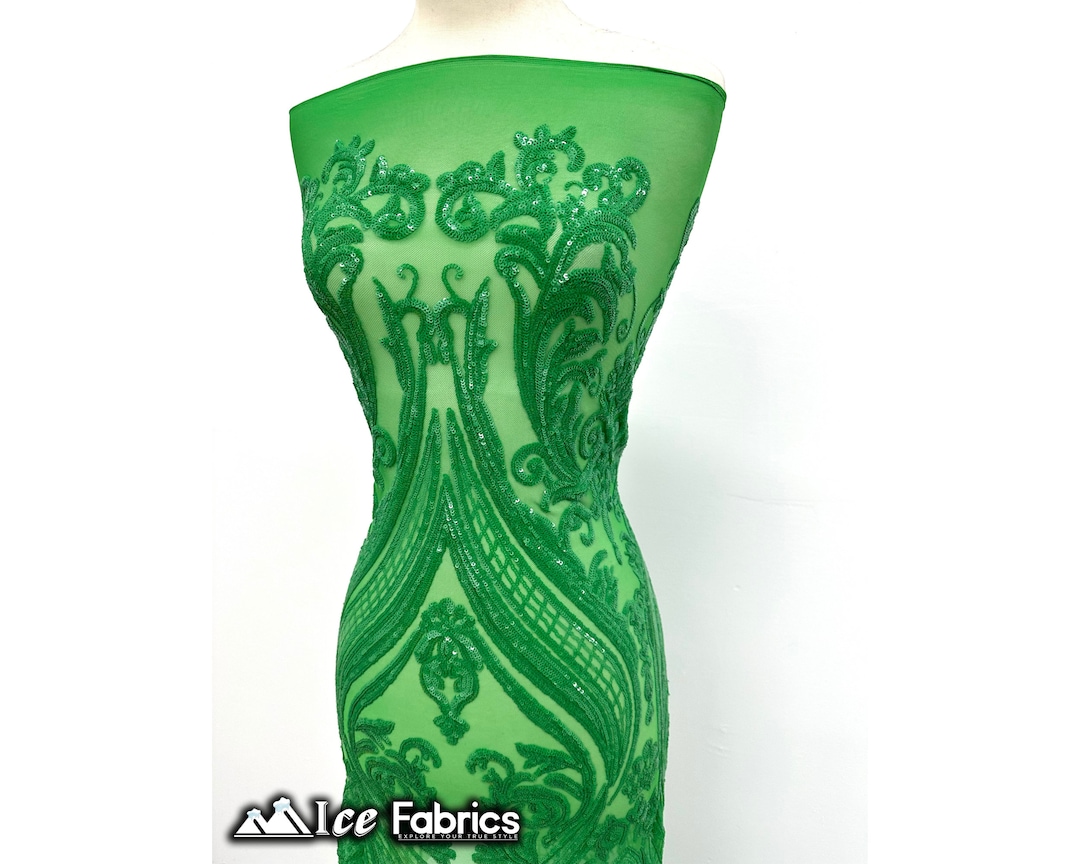 Kelly Green Damask Sequin Fabric by the Yard | Green Mesh 4 Way Stretch ...