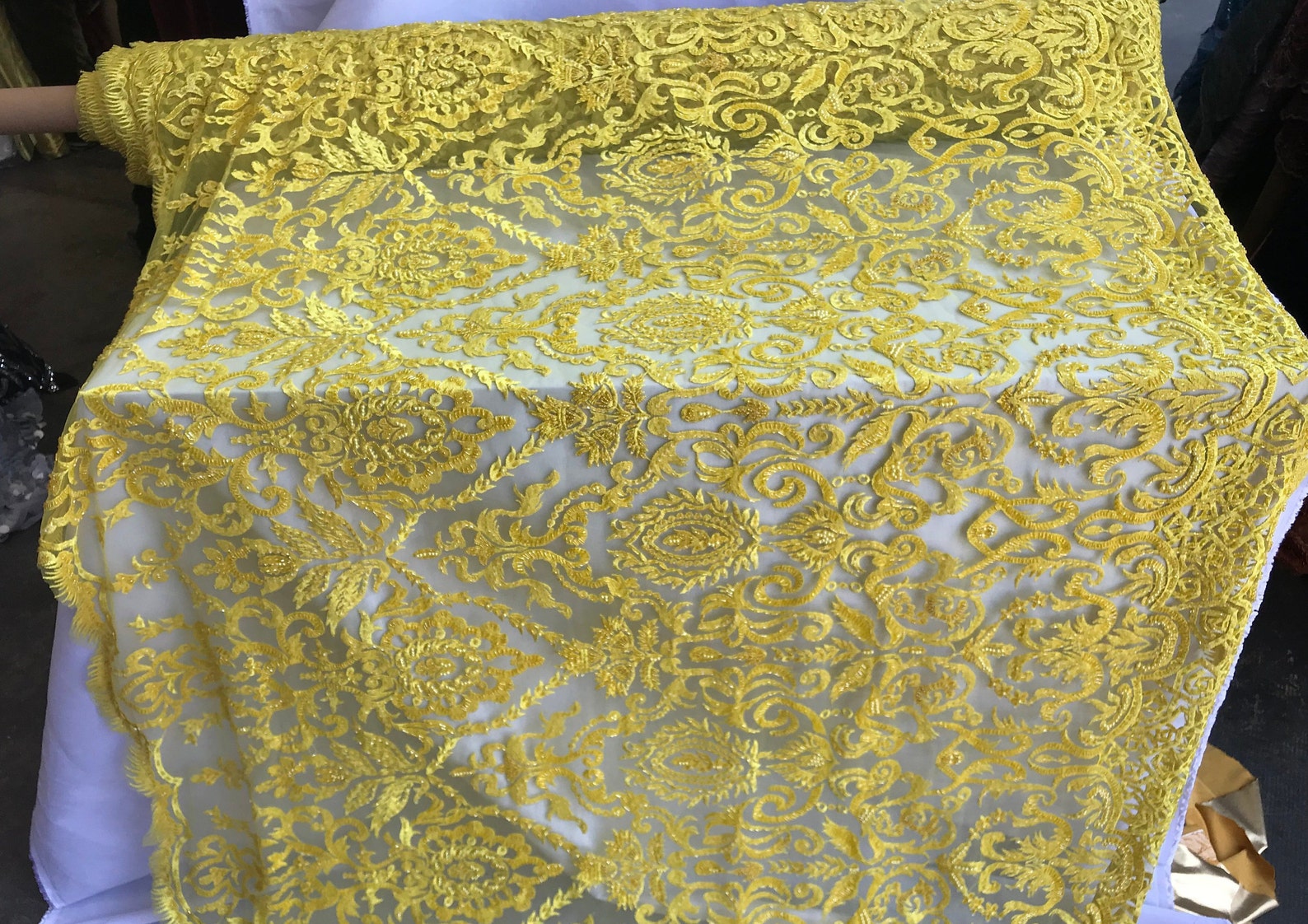 Yellow Design Beaded Mesh Lace Fabric Bridal Wedding Sold by Yard ...