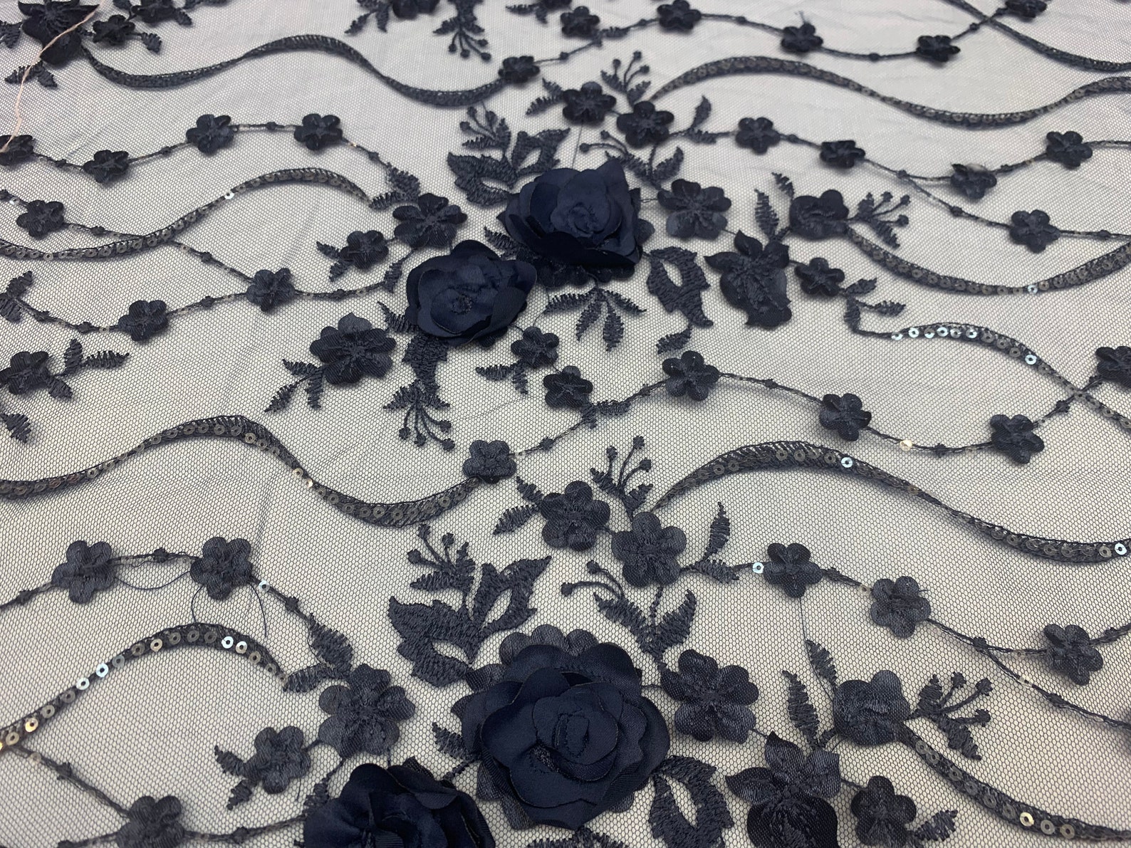 Navy Blue_ Embroidered Fashion Modern 3D Flowers Mesh Lace Fabric by ...