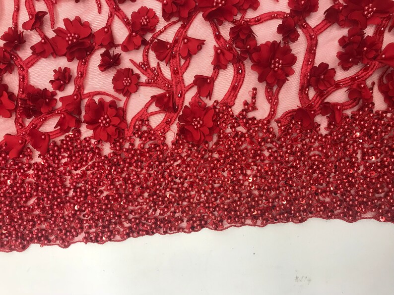 Red Design Beaded Mesh Lace Fabric Bridal Wedding Sold by Yard Clothing ...