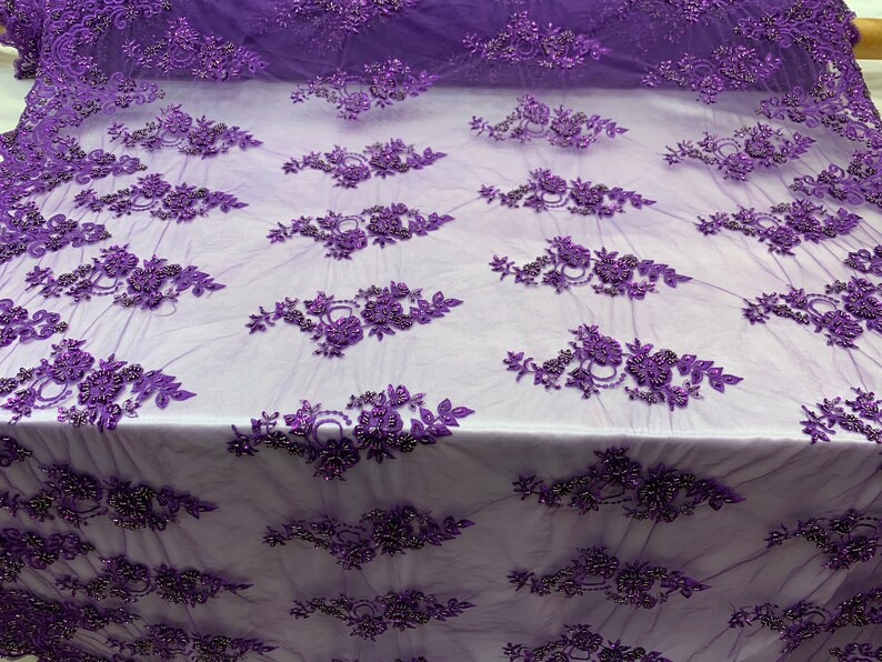 Purple_ Embroidered French Flowers Mesh Lace Fabric Sold BY | Etsy