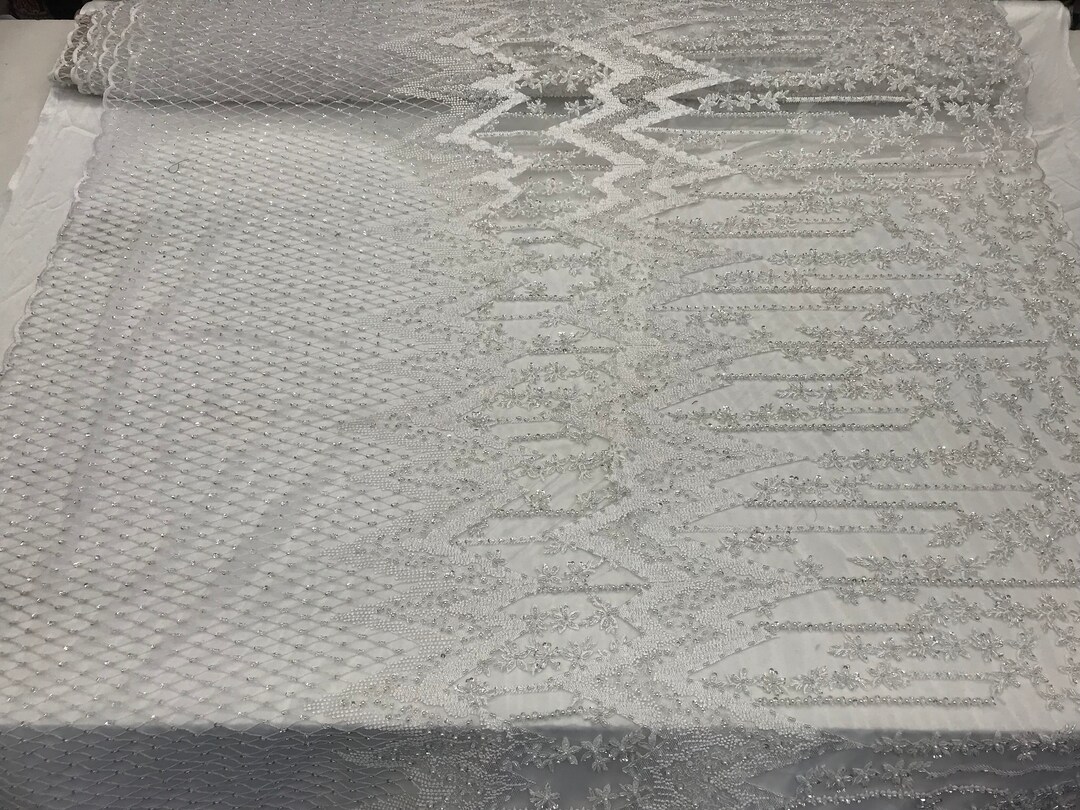 White Transparent Embroidered Beaded Design on Mesh Laces Fabric by the ...