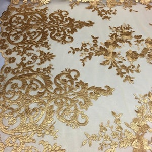 Gold Decor Floral Flower Mesh Lace Embroidery Design Fabric by the Yard ...