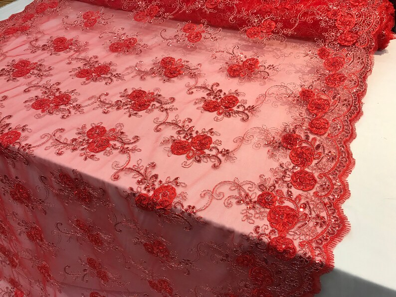 Red Embroidered Mesh Lace Flower Design With Sequins by the Yard ...