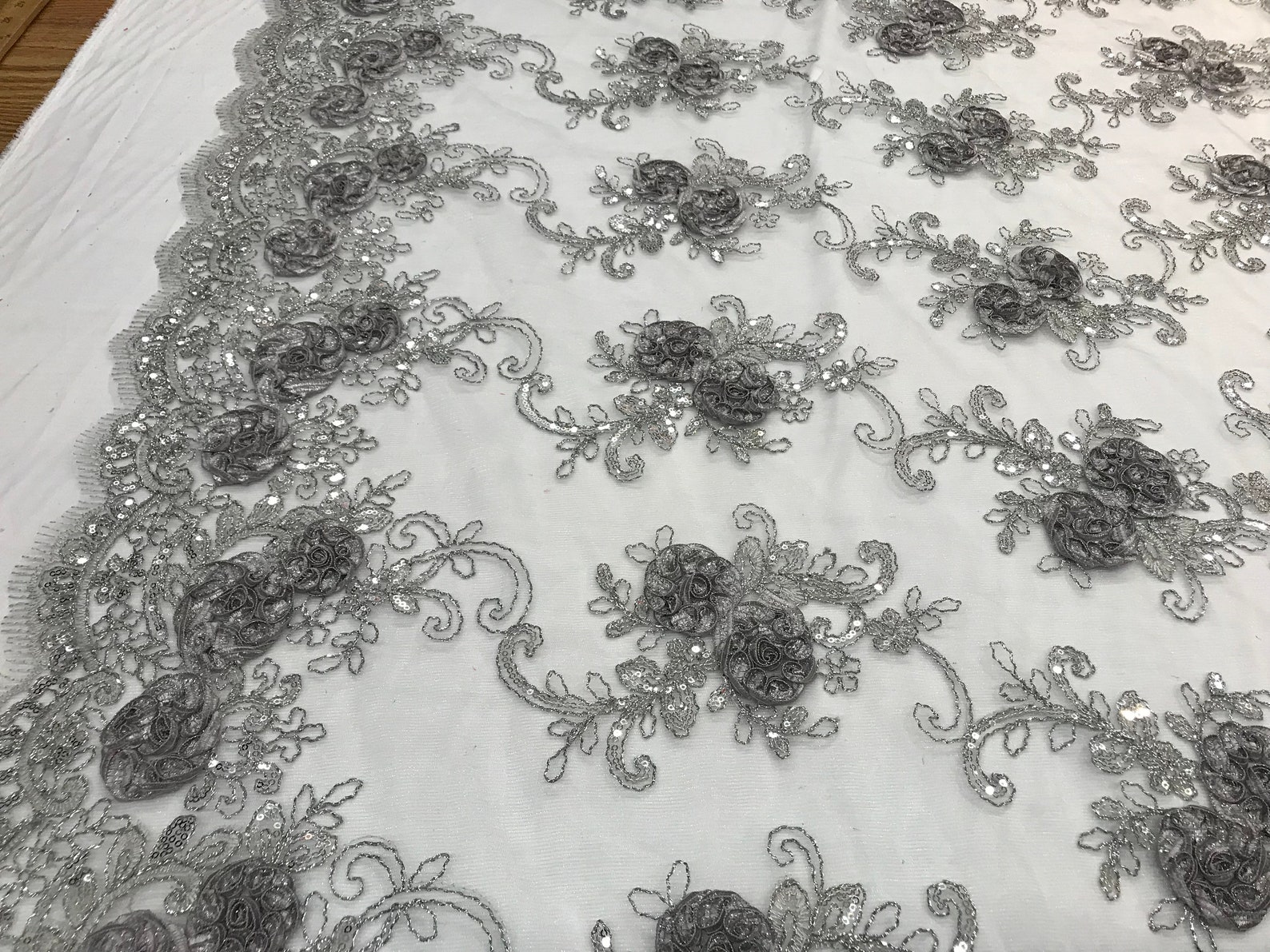 Silver/gray Embroidered Mesh Lace Flower Design With Sequins by the ...