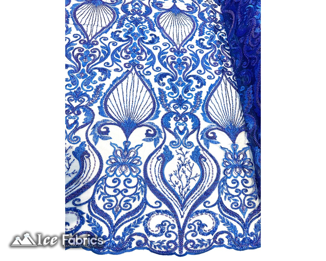 Luxurious Royal Blue Embroidered Beaded Fabric by the Yard | Handmade ...