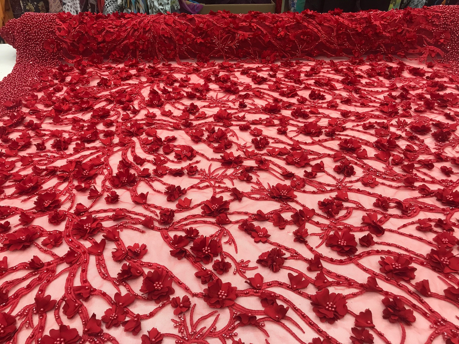 Red Design Beaded Mesh Lace Fabric Bridal Wedding Sold By Yard | Etsy