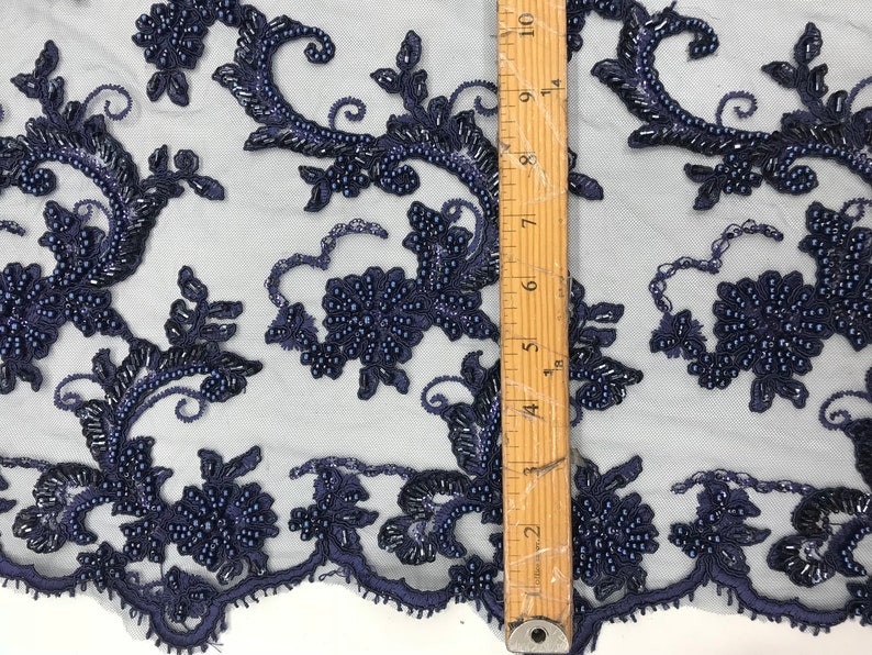 Navy Blue Design Beaded Mesh Lace Fabric Bridal Wedding Sold | Etsy