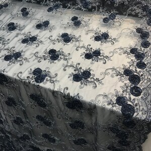 Navy Blue Embroidered Mesh Lace Flower Design With Sequins by the Yard ...