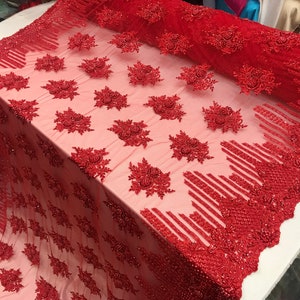 Red Design Beaded Mesh Lace Fabric Bridal Wedding Sold by Yard Clothing ...