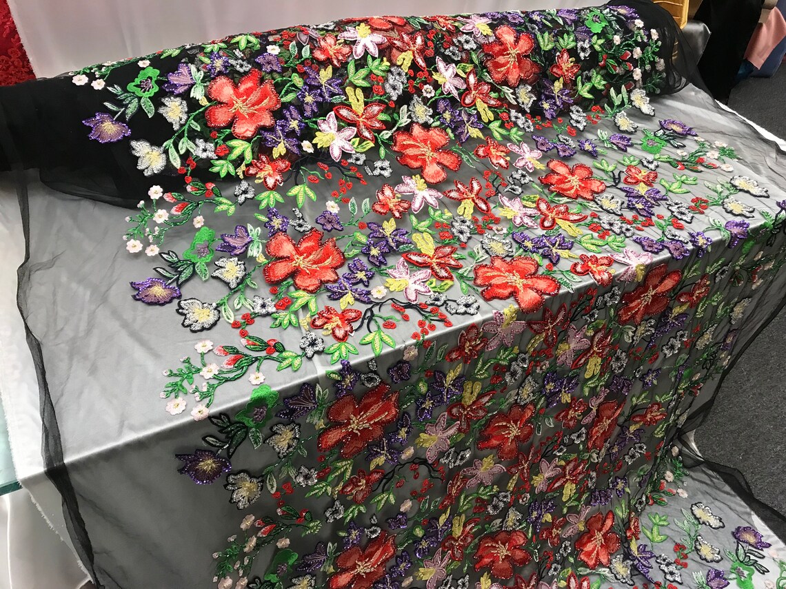 Multi Color Beaded Mesh Lace Fabric Embroidery Flowers Lace | Etsy