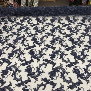 Navy Blue Design Beaded Mesh Lace Fabric Bridal Wedding Sold by Yard ...