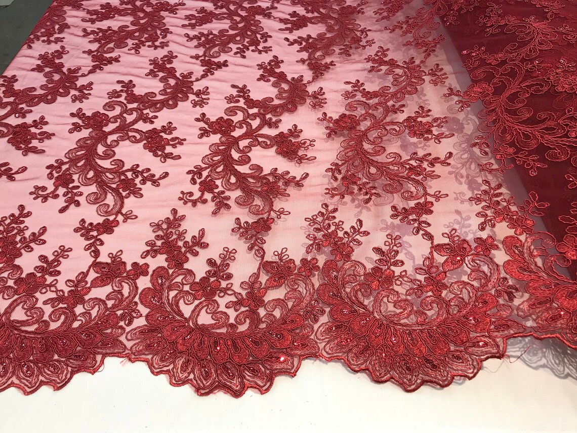 Burgundy Mesh Lace Floral Fabric by the Yard_ Embroidery | Etsy