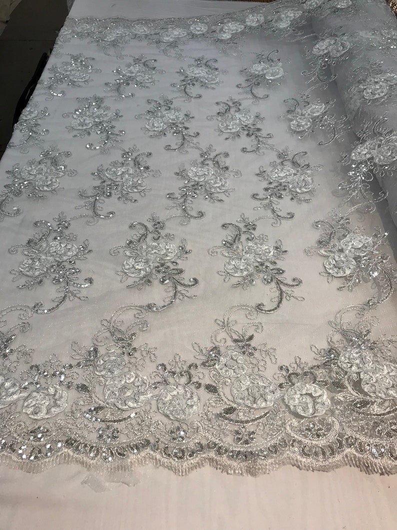 White Embroidered Mesh Lace Flower Design With Sequins by the Yard ...