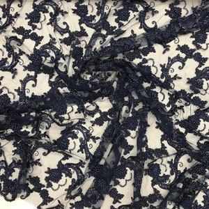 Navy Blue Design Beaded Mesh Lace Fabric Bridal Wedding Sold by Yard ...