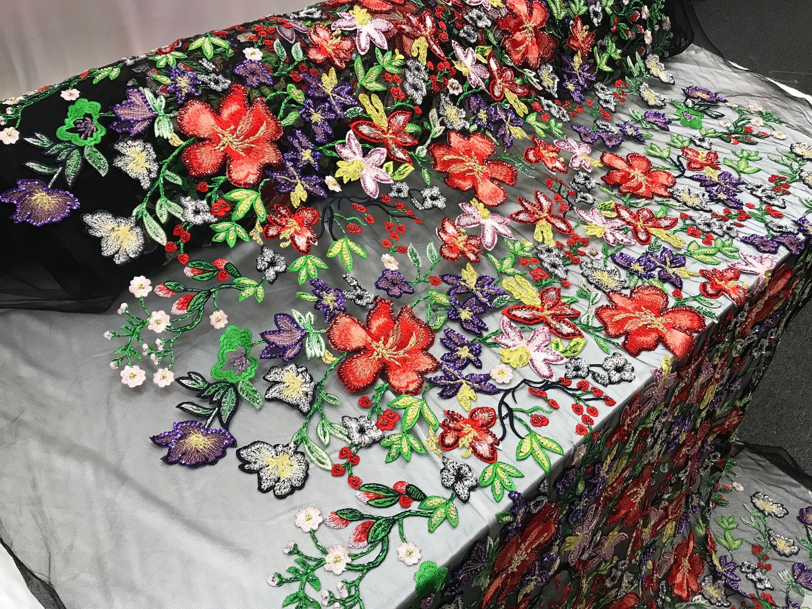 Multi Color Beaded Mesh Lace Fabric Embroidery Flowers Lace Fabric Sold ...
