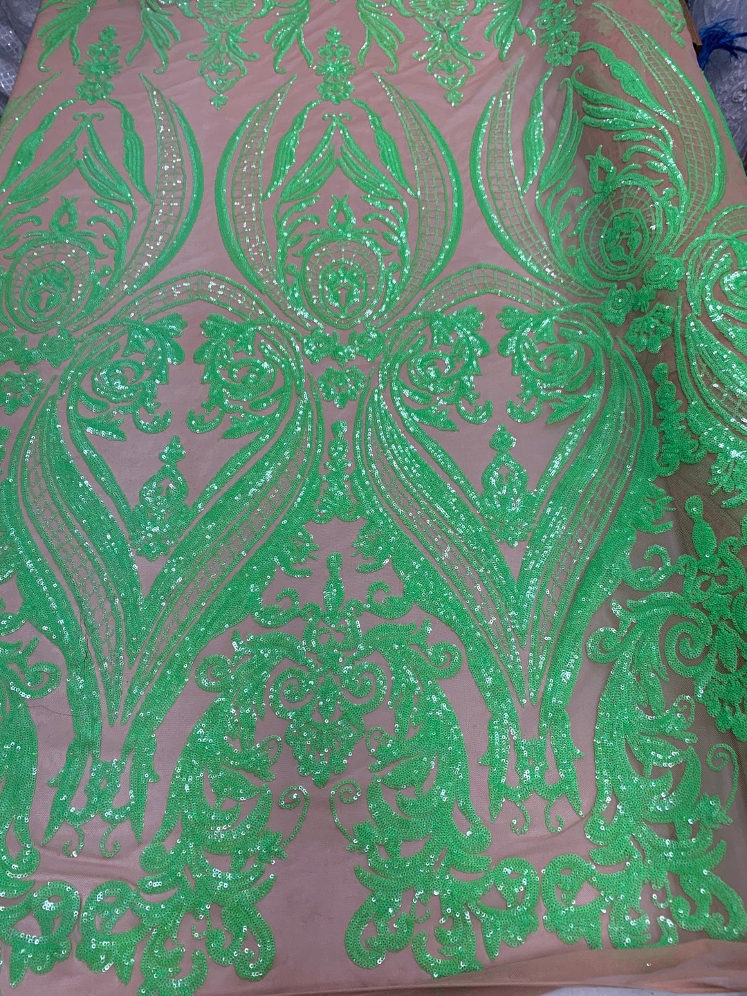 Neon Green Sequin Fabric by the Yard_ Iridescent 4 Way Stretch Sequins ...