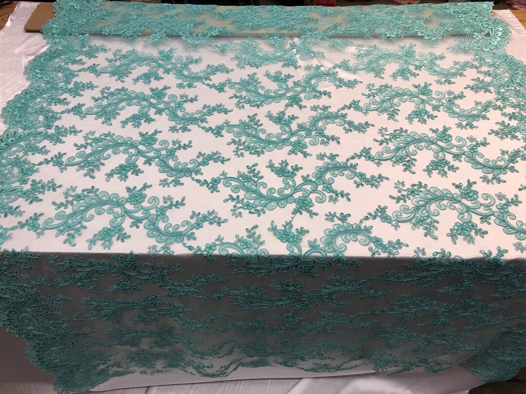 Mint Mesh Lace Floral Fabric by the Yard_ Embroidery Handmade Floral ...