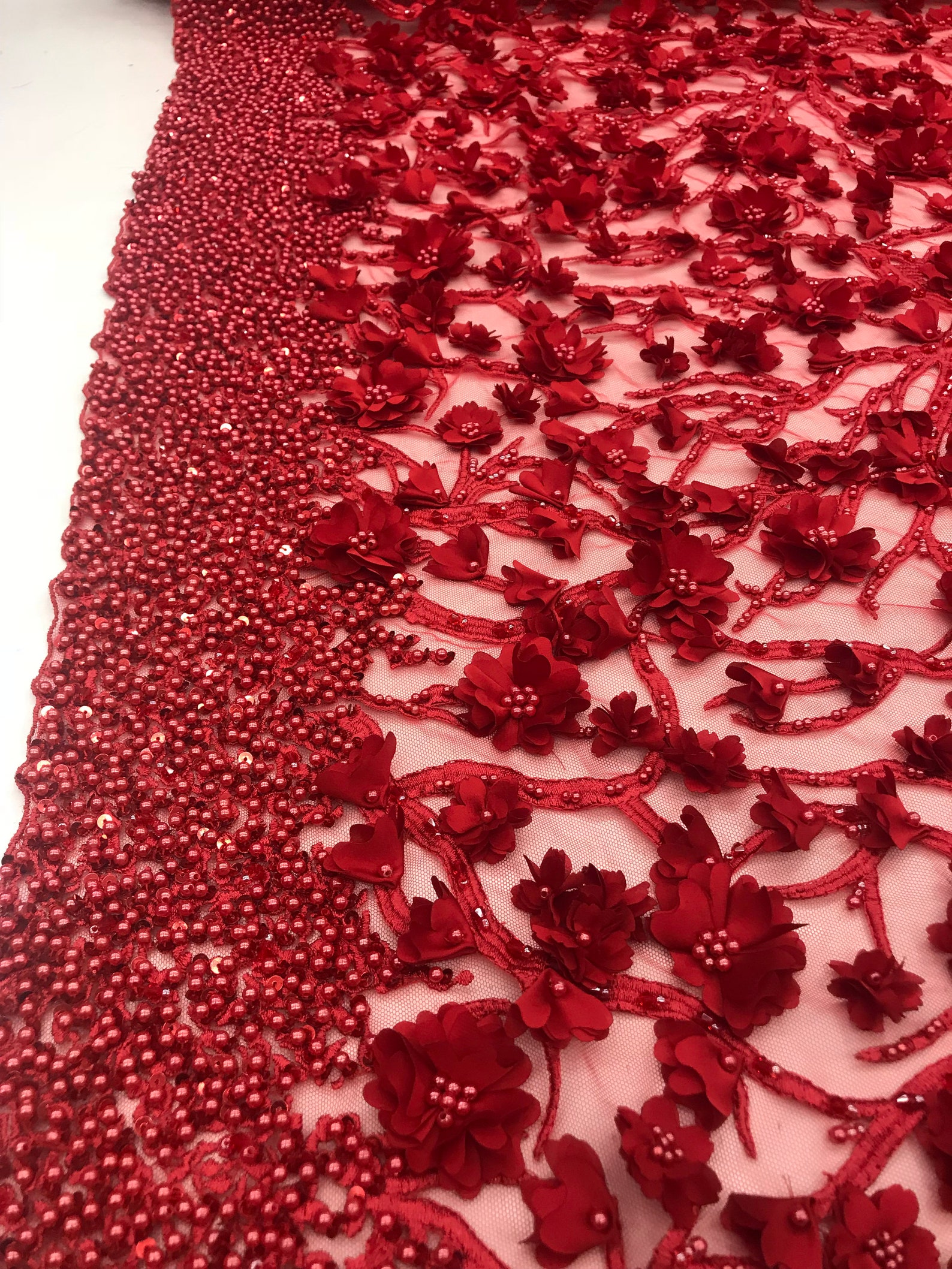 Red Design Beaded Mesh Lace Fabric Bridal Wedding Sold by Yard Clothing ...