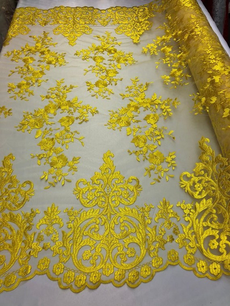 Yellow Floral Flower Mesh Lace Embroidery Design Fabric by the | Etsy