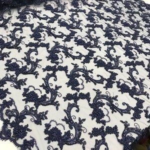 Navy Blue Design Beaded Mesh Lace Fabric Bridal Wedding Sold by Yard ...